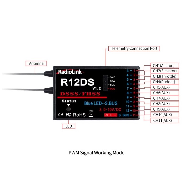 RadioLink R12DS 12-Channel Aero Receiver - RDL-0-R12DS
