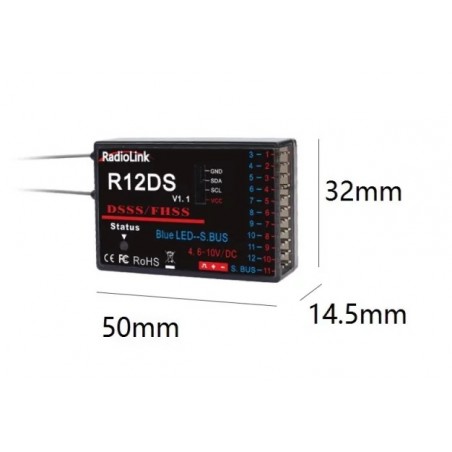 RadioLink R12DS 12-Channel Aero Receiver - RDL-0-R12DS